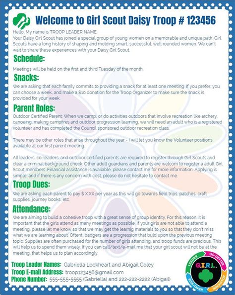 Editable Gs Daisy Troop Welcome Letter 8x10 Leader Organizer