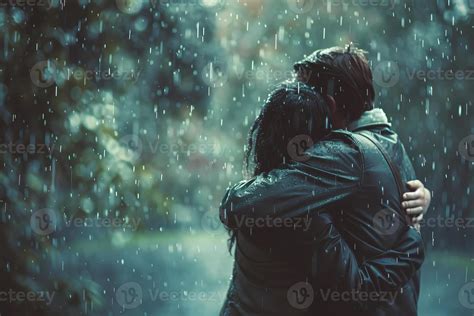 Young Couple Hugging In The Rain Wearing Black Jackets 50977742 Stock