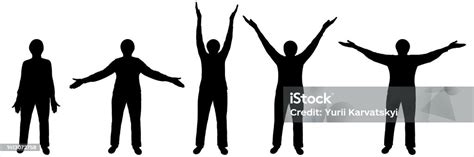 여자는 서서 손을 흔들고 있습니다 노년기의 신체 운동 스포츠와 노인 다섯 명의 여성이 줄지어 서서 다른 손 움직임을 수행합니다 흰색에 고립 된 블랙 실루엣 손을 올림에 대한