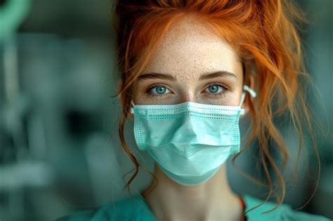 Premium Photo Redhead Female Doctor Dressed In Operating Room Clothes And Mask Looking At You
