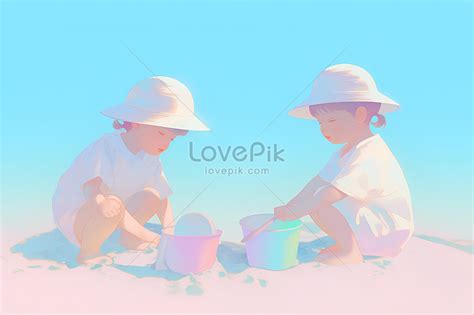 해변에서 노는 아이들 일러스트 무료 다운로드 Lovepik