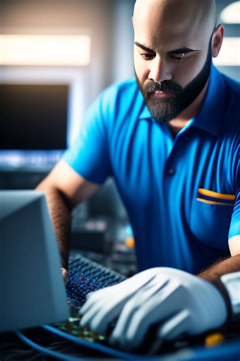 Lexica A Bald Bearded Tech Support Guy Wearing A Blue Shirt Fixing Computers Repairing