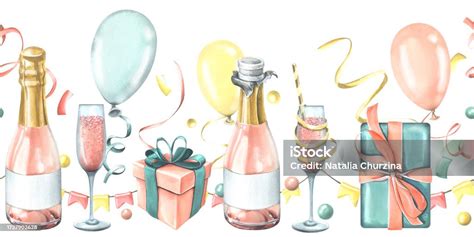 축제 풍선 선물 안경과 병에 담긴 샴페인 색종이 조각 및 깃발 화환 손으로 그린 수채화 그림 흰색 배경에 축하의 디자인을 위한 이음매 없는 보드 갈란드 장식품에 대한 스톡
