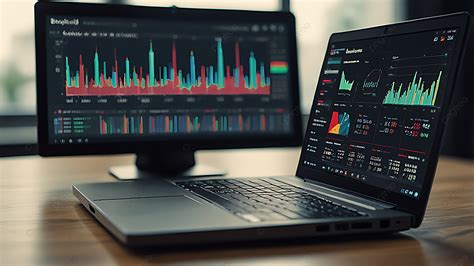 A Laptop And Monitor Display Colorful Data Visualizations Graphs Showcasing Analytics On Wooden