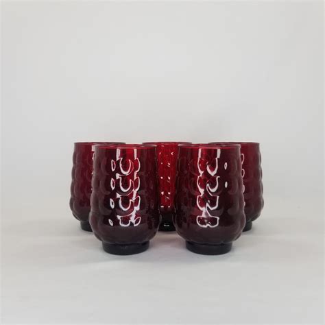 Vintage Set Of 5 Anchor Hocking Bubble Ruby Red Flat Tumblers Anchor
