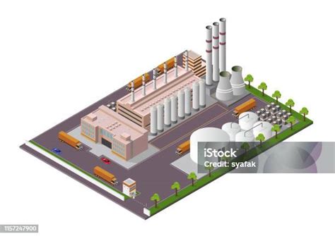 Komposisi Bangunan Industri Isometrik Dengan Pemandangan Ilustrasi