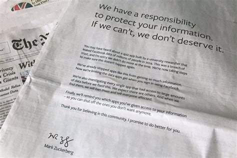 Facebook Shows Contrition With Full Page Newspaper Ads In The Us And Uk