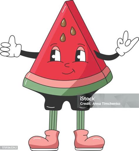 달콤하고 육즙이 많은 신선한 과일 90 년대 과일 재미 있은 복고풍 그루비 만화 히피 캐릭터 투명한 배경에 수박의 만화 캐릭터입니다 Groovy 여름 벡터 일러스트 레이 션