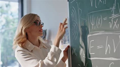 Lady Explaining Algebra Theory Writing On Blackboard Closeup Woman