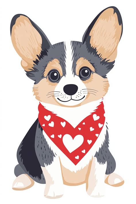 귀여운 코기 강아지가 빨간 하트 모양의 밴드를 착용하고 있는 심플한 일러스트 스타일