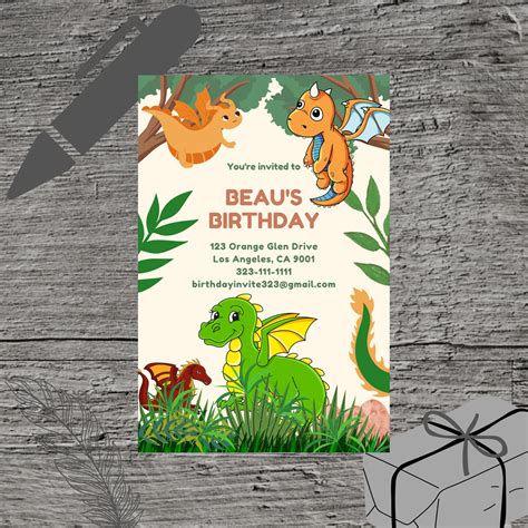 Dragon Theme Birthday Party Invitation Template Draco Lizard Reptile