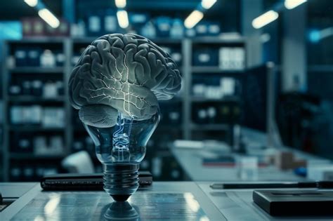 Brain model with neon lights in a high tech lab representing modern neuroscience and advanced ...