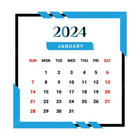 تقويم شهر كانون الثاني يناير لعام 2024 بنمط أزرق سماوي وأسود فريد