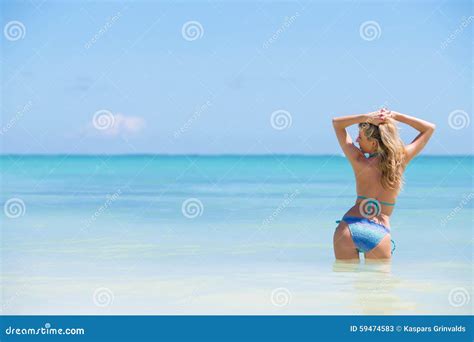 Woman In Bikini Posing In The Ocean Stock Image Image Of Happy Blue