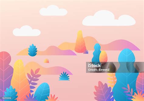 식물과 벡터 트렌디 한 판타지 배경입니다 나무 나뭇잎과 현대 그림 그라데이션 색상의 플랫 디자인 0명에 대한 스톡 벡터 아트 및 기타 이미지 Istock