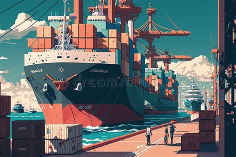 Illustrazione Del Porto Del Container Con Navi Da Carico Giganti