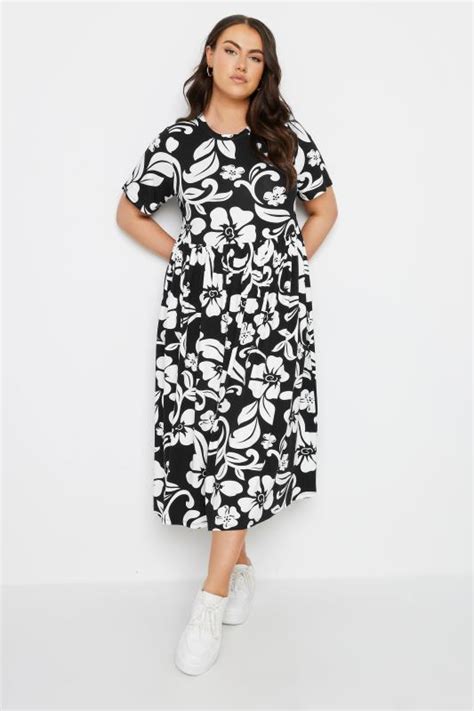 Yours Plus Size Black And White Abstract Floral Print Smock Dress Yours