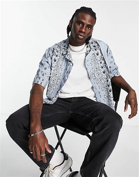 Topman Kurzärmliges Oversize Hemd In Blau Mit Bordüren Mit
