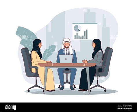 Muslim Business Meeting Women And Man In National Costumes At