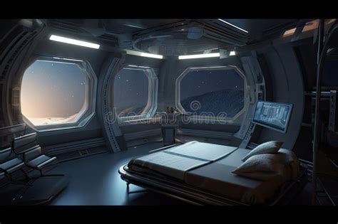 Sci Fi Bedroom With View Of Distant Star Systems And Spacecraft Ready