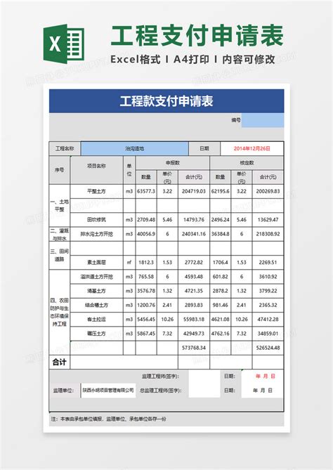 工程款支付申请表Excel模板下载 熊猫办公