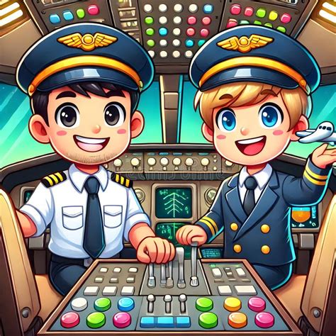 Pilots Flying Airplane Inside Cockpit Using Controls Stock Illustration
