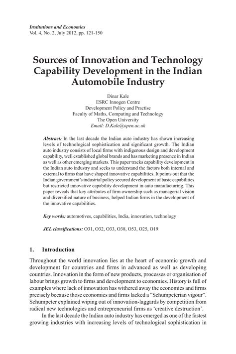 Pdf Sources Of Innovation And Technology Capability Development In The Indian Automobile Industry