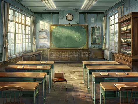 Desks And Blackboard In Classroom Setup Suitable For Conveying