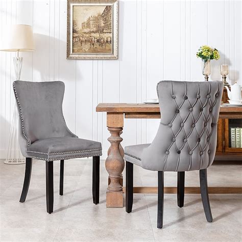 Maison Boucle Set Of 2 Gray Upholstered Tufted Wingback Dining Chairs