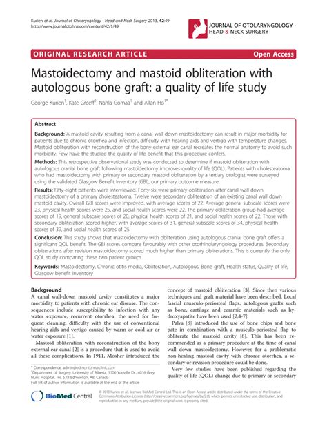 Pdf Mastoidectomy And Mastoid Obliteration With Autologous Bone Graft