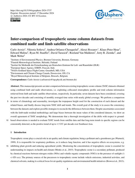 Pdf Inter Comparison Of Tropospheric Ozone Column Datasets From Combined Nadir And Limb