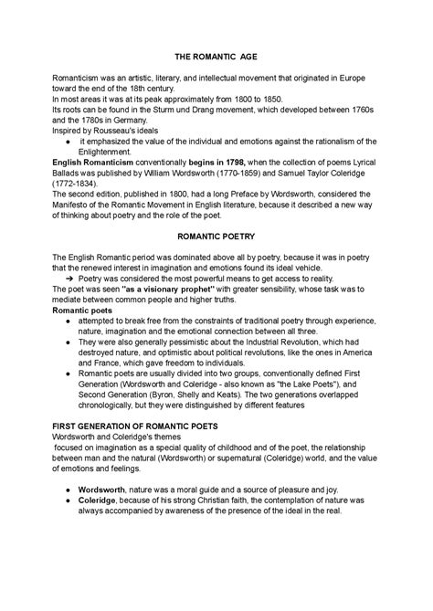 The Romantic Age Pdf Schemi E Mappe Concettuali Di Inglese Docsity