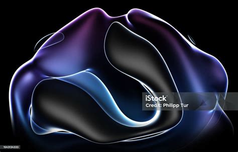 곡선 물결 모양의 우아함 나선형 유기적 선이 있는 초현실적 외계인 꽃 조각의 일부가 있는 추상 미술 3d 배경의 3d 렌더링은 검은색에 네온 형광 파란색과 보라색 그라데이션