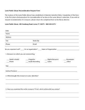 Fillable Online Lyme Public Library Reconsideration Request Form Fax