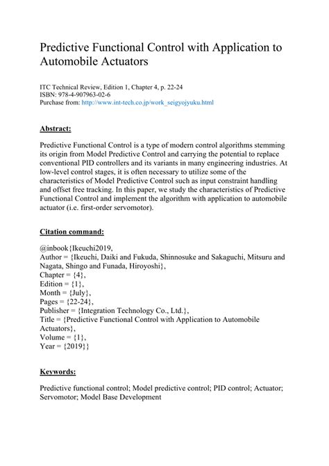 Pdf Predictive Functional Control With Application To Automobile Actuators