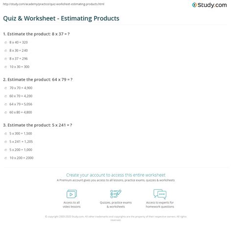 Quiz Worksheet Estimating Products Study