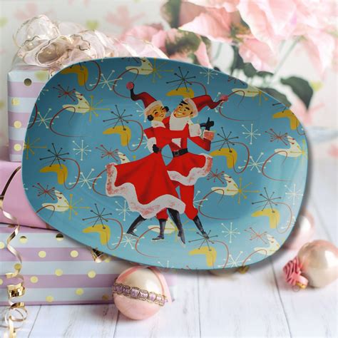 Retro Kitsch Christmas Serving Platter Mid Century Modern Holiday Tab