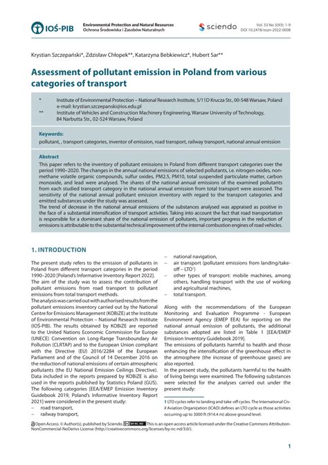 Pdf Assessment Of Pollutant Emission In Poland From Various Categories Of Transport