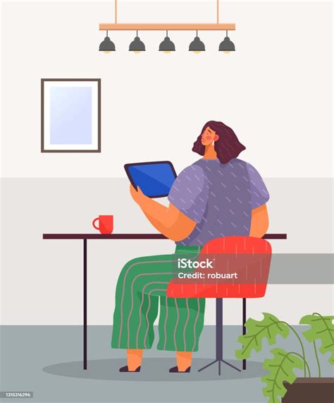 태블릿 Pc가있는 책상에서 사무실 여성 비즈니스 우먼 또는 서기 작업 프리랜서 직장 가공의 인물에 대한 스톡 벡터 아트 및 기타