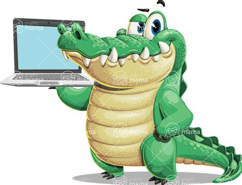 Gator Cartoon Vector Character Holding A Laptop 2 GraphicMama
