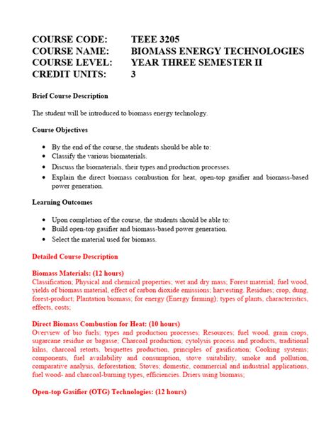 Biomass Energy Technology Course Outline Pdf Gasification