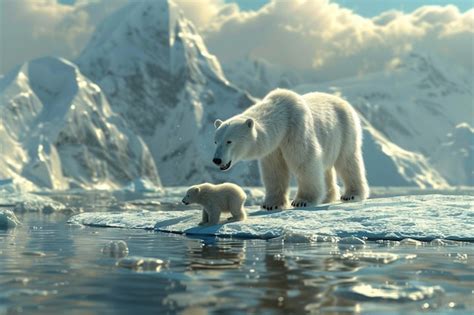 A Majestic Polar Bear Mother And Cub On An Ice Flo Premium Ai