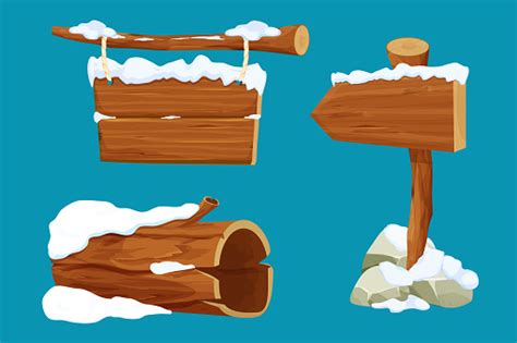 오래된 나무 로그 화살표 간판 흰색 배경에 고립 된 만화 스타일의 밧줄과 눈나무 판자 매달려 설정합니다 겨울 나무 질감 판자 빈 프레임 Ui 게임 자산 벡터 일러스트레이션