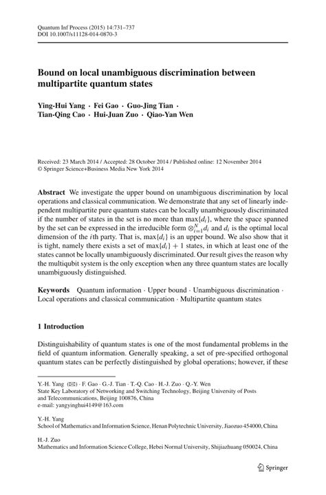 Pdf Bound On Local Unambiguous Discrimination Between Multipartite