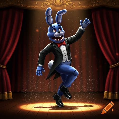 Bonnie Bunny In A Tuxedo Tap Dancing On A Spotlighted Stage With Red