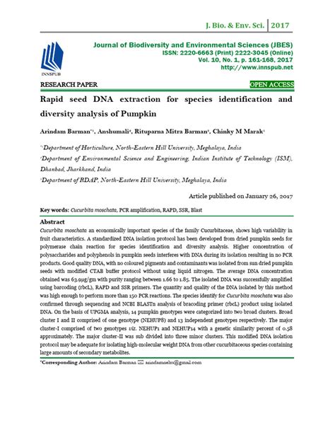 Rapid Seed Dna Extraction For Species Identification And Diversity Analysis Of Pumpkin Pdf
