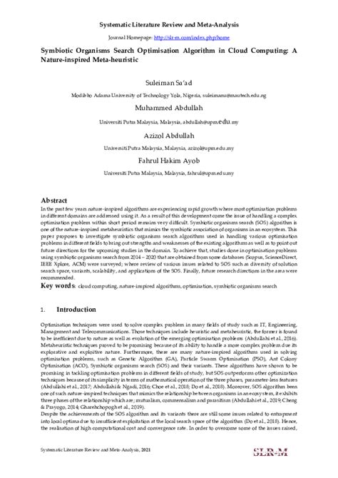 Pdf Symbiotic Organisms Search Optimization Algorithm In Cloud Computing A Nature Inspired