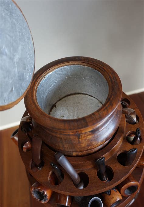 Vintage Pipe Stand Or Table With Antique Tobacco Box And Midcentury