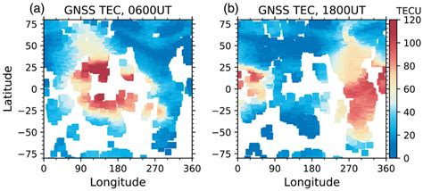 Synthetic Gnss Tec Observations At A 0600 And B 1800 Ut On 18