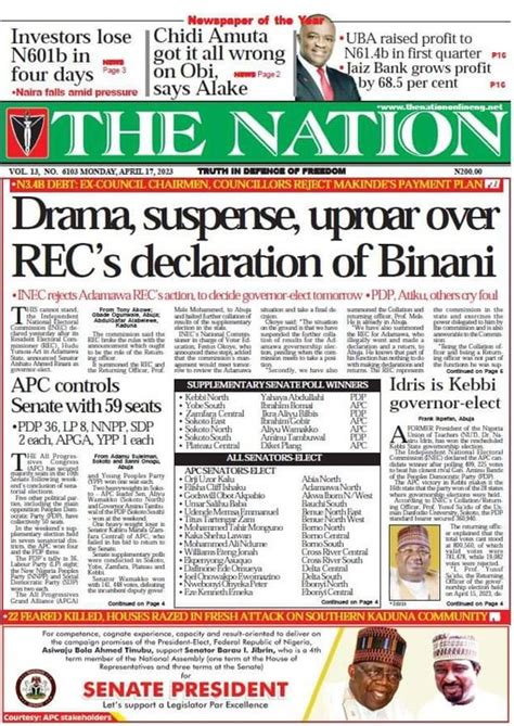 17 April 2023 Newspaper Headlines Politics Nigeria